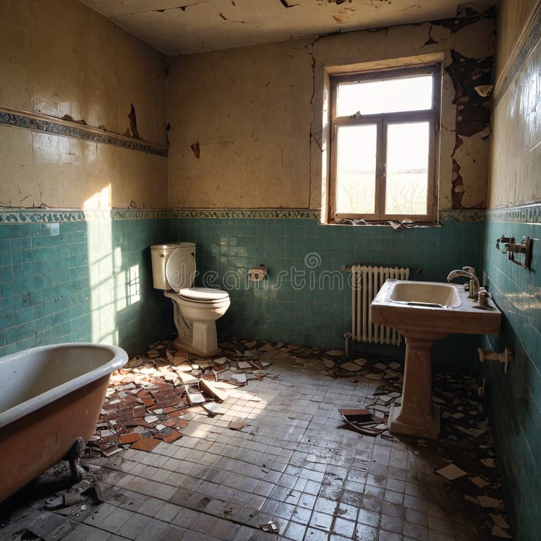 Vintage Rustic Tiles Abandoned Bathroom in Decay Stock Illustration ...