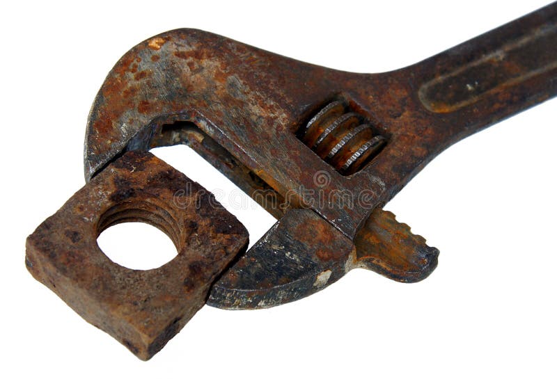Vintage Rusty Adjustable Spanner and Nut Stock Photo - Image of white ...