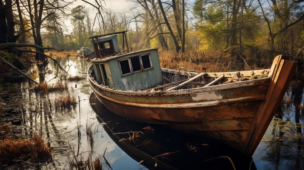 Vintage Rusty Boat Graveyard in Swamp Stock Illustration - Illustration ...