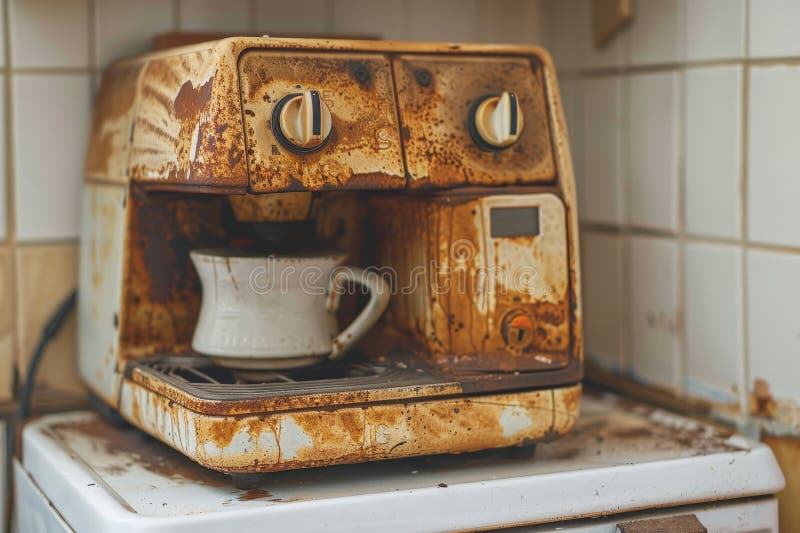 Vintage Rusty Coffee Machine with Mug in Aging Kitchen Setting Stock ...