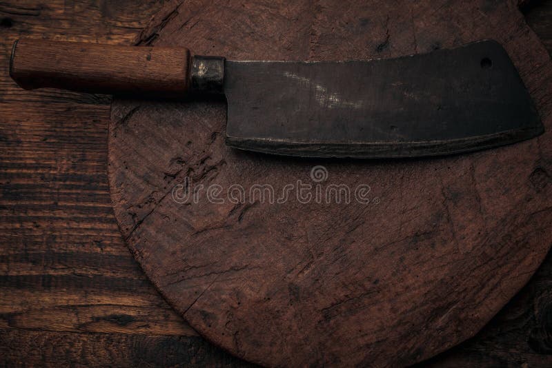 Vintage Rusty Meat Cleaver on Top of an Old Wooden Table Stock Image ...