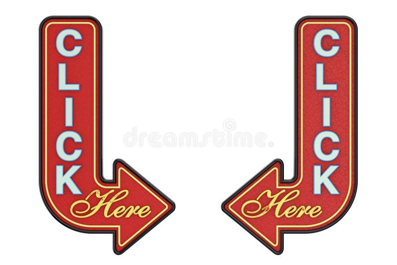 Vintage Rusty Metal Click Here Arrow Sign. 3d Rendering Stock ...
