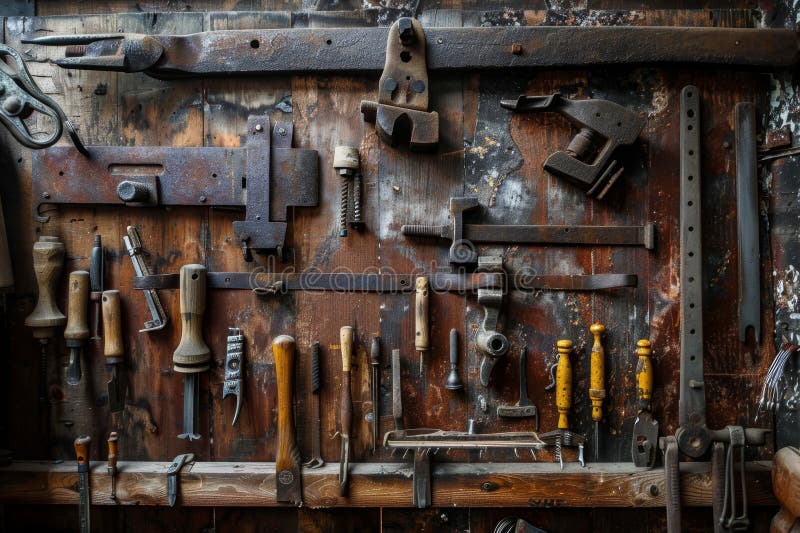 Vintage Rusty Woodworking Tools Displayed on Wall in High Quality Image ...