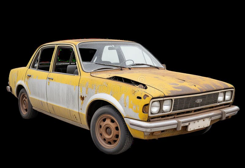 Vintage Rusty Yellow Sedan Car on Transparent Background Stock Image ...