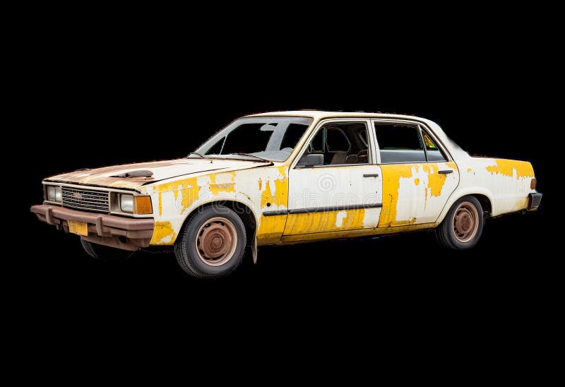 Vintage Rusty Yellow and White Sedan on Transparent Background Stock ...