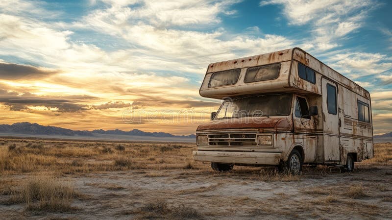 Vintage RV Camper with Rust in Desert at Sunset. Exploration Concept ...
