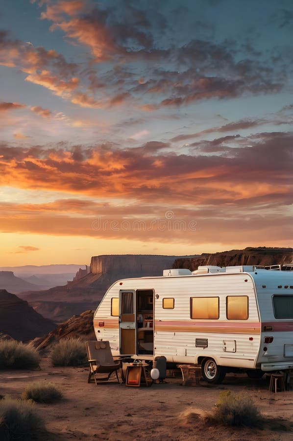 Vintage RV at Sunset stock illustration. Illustration of sunset - 344003154