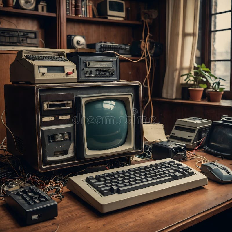 Vintage 1970s Computer Setup: CRT Screen and Old-School Peripherals ...