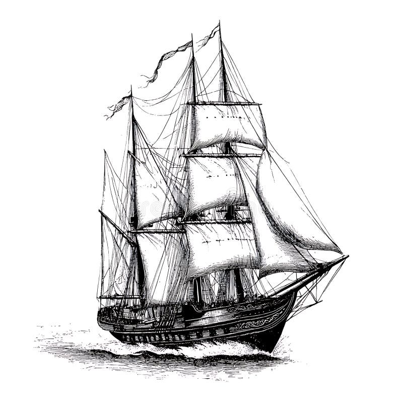 Vintage Sailing Ship Illustration, Detailed Line Art Stock Illustration ...