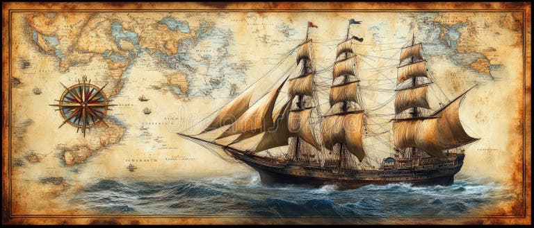 Vintage Sailing Ship Map with Nautical Elements and Compass Rose Stock ...