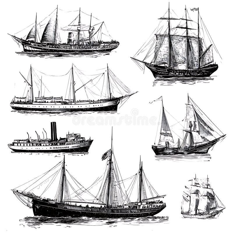Vintage Sailing Ships, Hand-drawn Illustrations of Various Historical ...