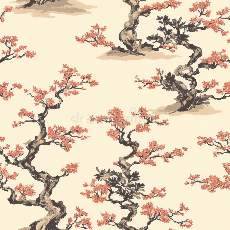 Vintage Sakura Blossom Pattern on Beige Background Stock Photo - Image ...