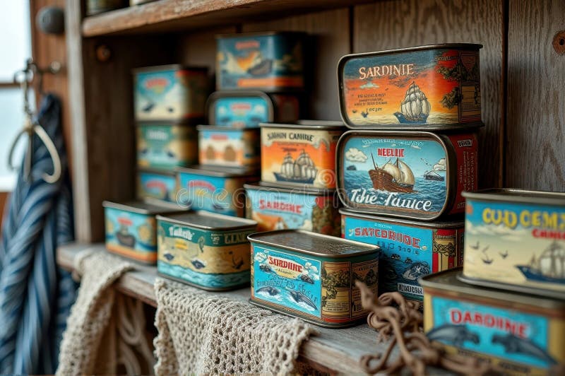 Vintage Sardine Cans Display on Wooden Shelf in Rustic Setting Stock ...