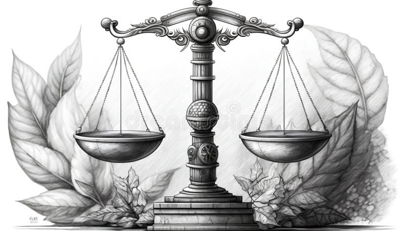 Vintage Scales of Justice with Leaves. Black and White Illustration ...