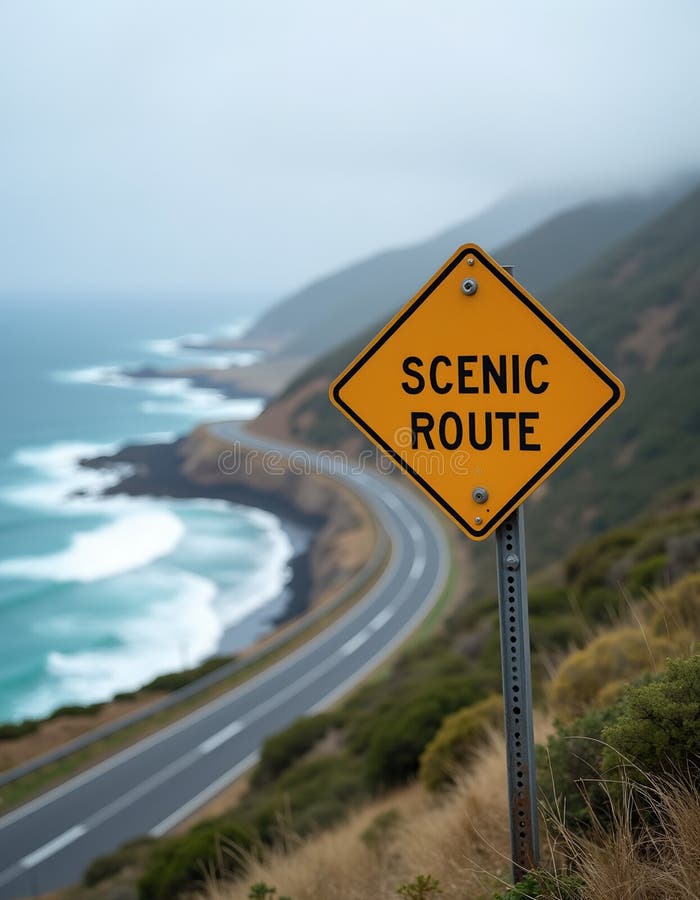 Vintage Scenic Route Sign with Coastal Highway Backdrop Stock ...