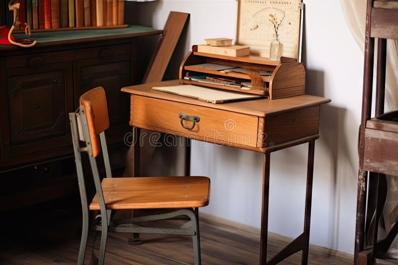 Vintage School Desk and Chair in a Cozy Study Room Stock Illustration ...