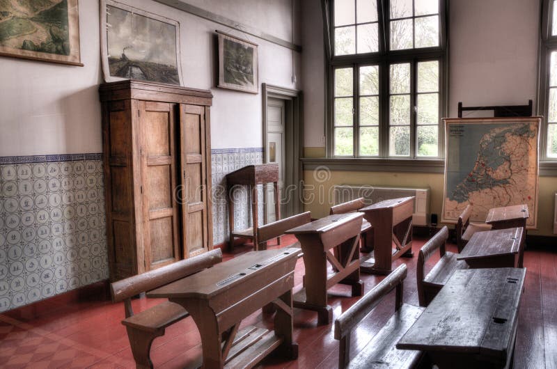 Vintage School Desks In Classroom Stock Image - Image of daytime ...