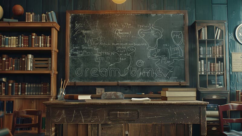 Vintage Classroom Interior Design Old Books Chalkboard Map Academic ...