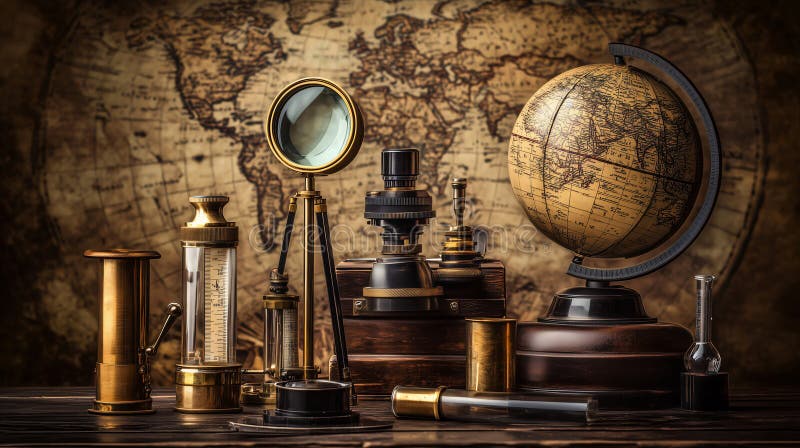 Vintage Science Instruments Displayed on Desk with World Map Background ...