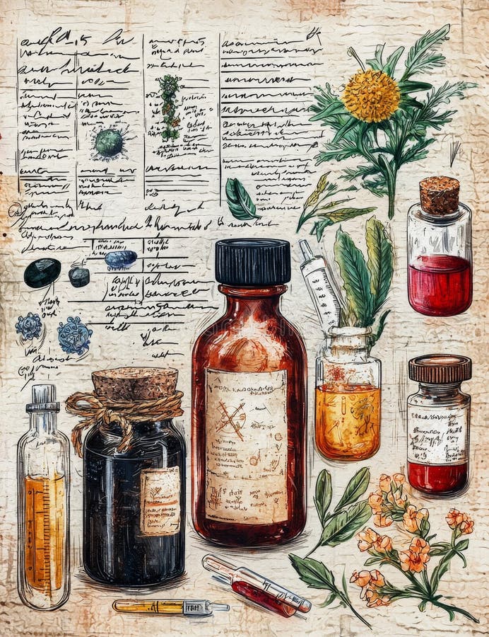 Vintage Science Lab Featuring Herbs and Medicine Bottles Stock Image ...