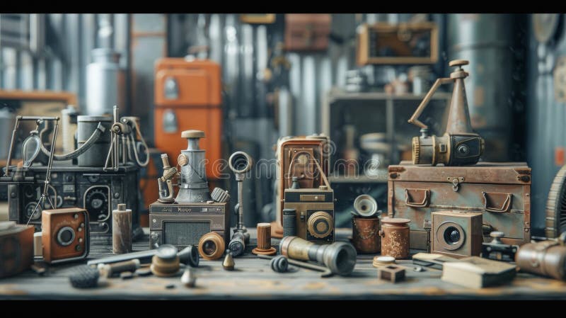 Vintage Scientific Instruments and Cameras in Retro Workshop Stock ...