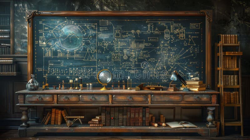 Vintage Scientist S Desk with Chalkboard of Formulas - Generative Ai ...