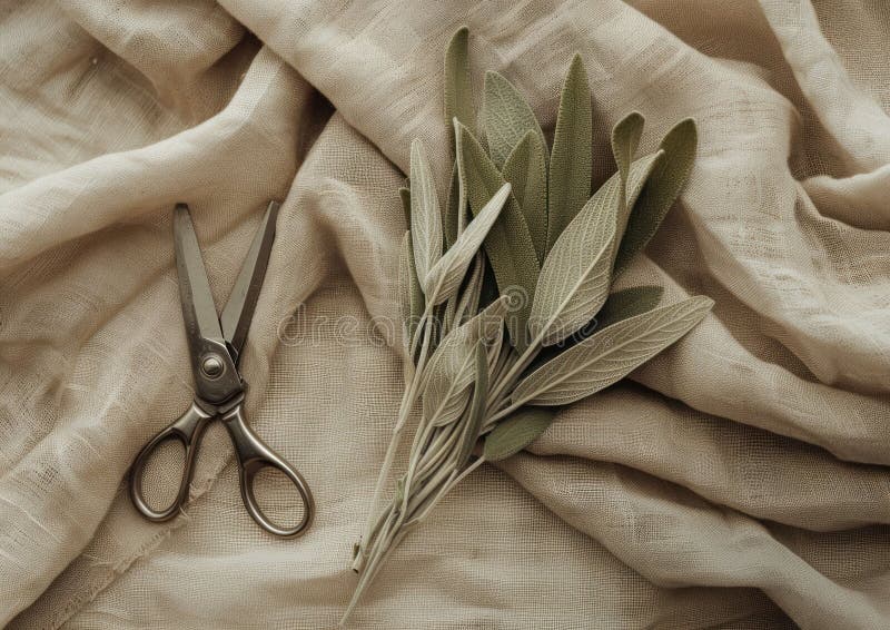 Scissors and a Bunch of Green Leaves on a Soft Fabric Background Stock ...