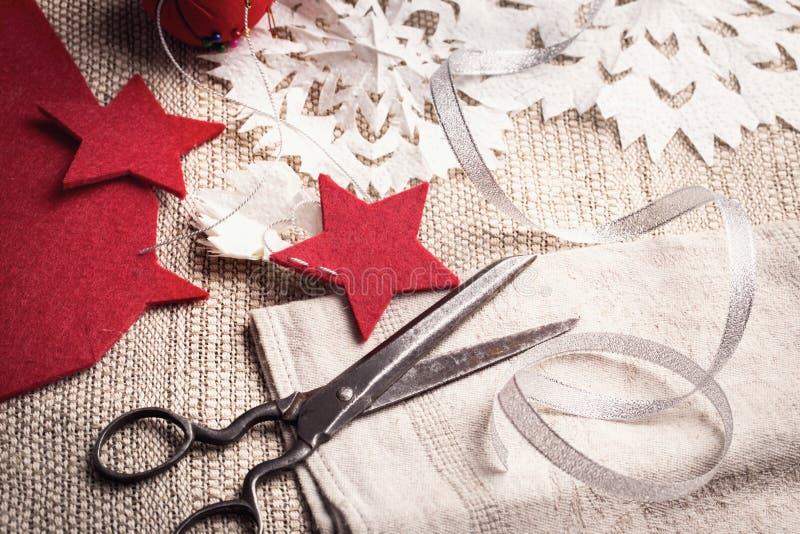 Vintage Scissors and Handmade Holiday Decorations Stock Image - Image ...