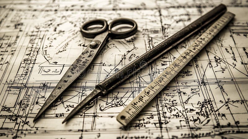 Vintage Scissors, Ruler on Blueprint Stock Photo - Image of instrument ...