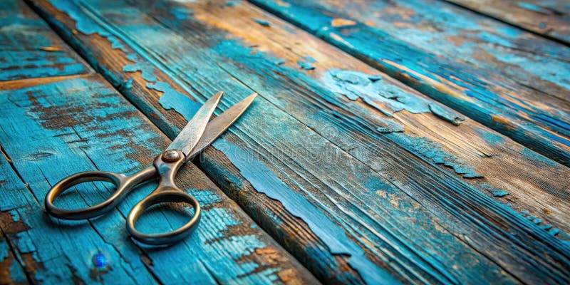 Vintage Scissors on a Rustic Teal and Brown Wood Surface. Generative AI ...