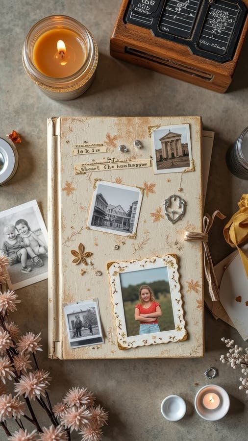 Vintage Scrapbook with Photos and Memorabilia on Rustic Table Stock ...
