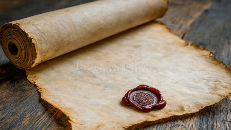Vintage Scroll with Wax Seal on Wooden Background Stock Image - Image ...
