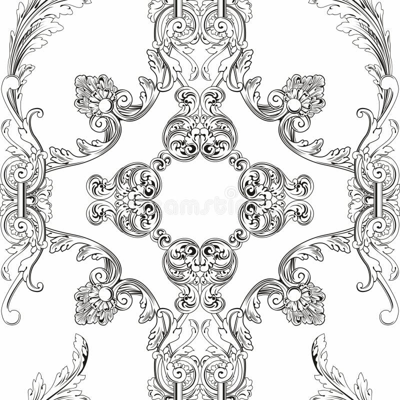 Vintage Seamless Pattern with Black Rococo Elements on a White ...