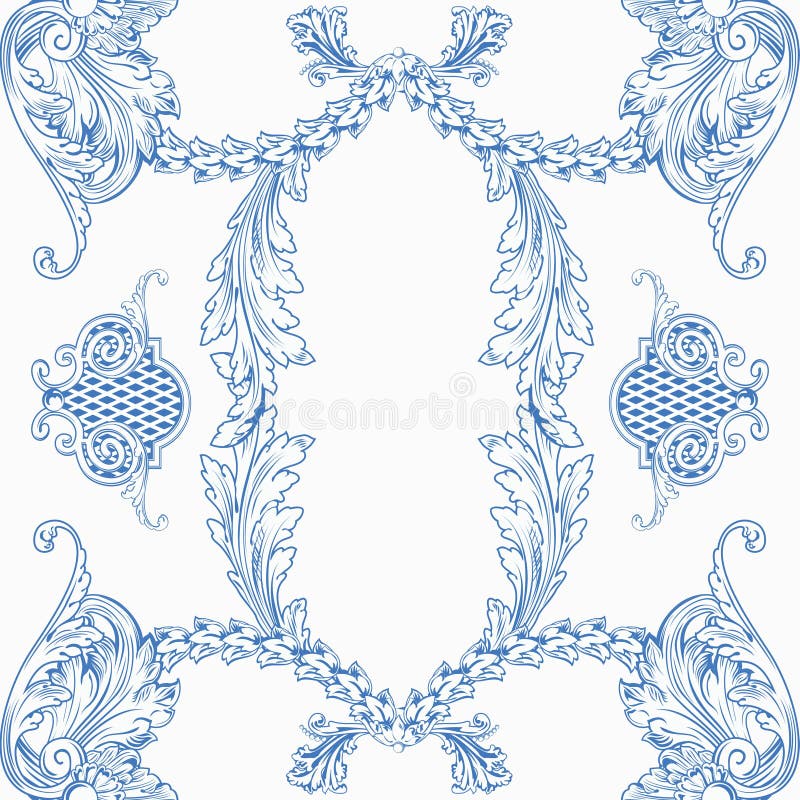 Vintage Seamless Pattern with Blue Rococo Elements on a White ...