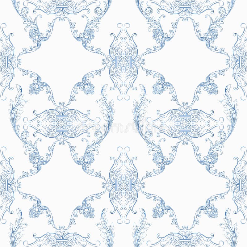 Vintage Seamless Pattern with Blue Rococo Elements on a White ...