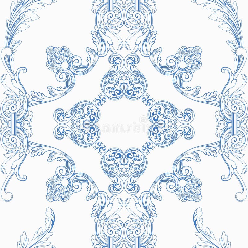 Vintage Seamless Pattern with Blue Rococo Elements on a White ...