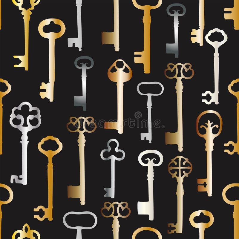 Vintage Seamless Pattern with Different Antique Keys in Gold and Silver ...