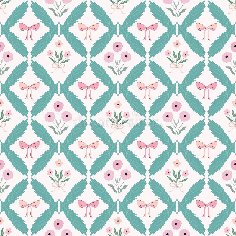 Vintage Seamless Pattern with Coquette Pink Flowers and Bows Stock ...