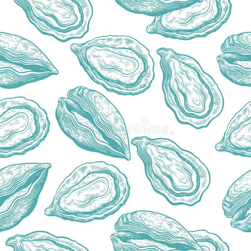 Vintage Seamless Pattern with Oyster Shells in Engraving Sketch Hand ...