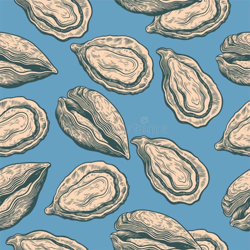 Vintage Seamless Pattern with Oyster Shells in Engraving Sketch Hand ...