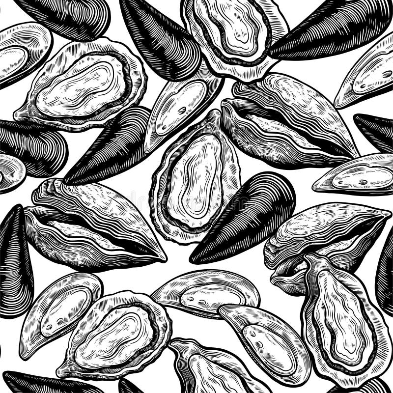 Vintage Seamless Pattern with Oyster Shells in Engraving Sketch Hand ...