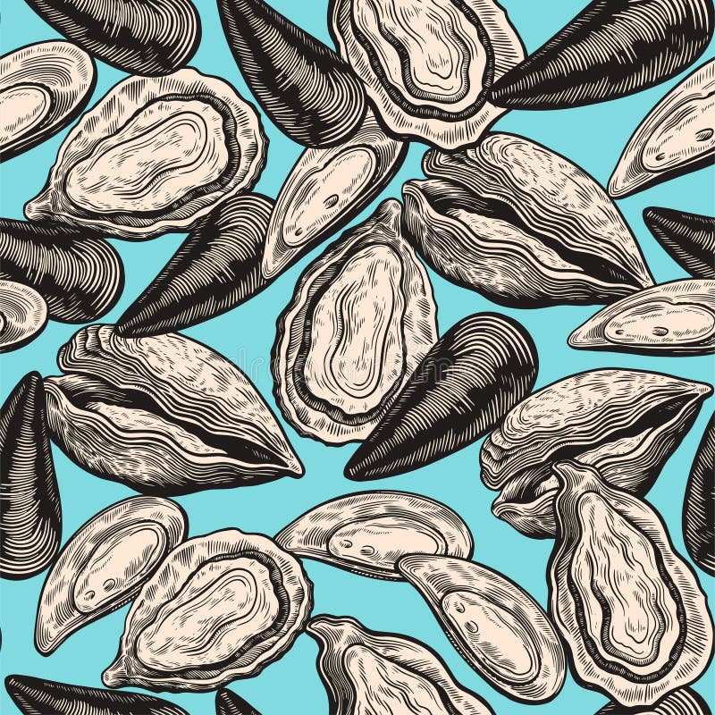 Vintage Seamless Pattern with Oyster Shells in Engraving Sketch Hand ...