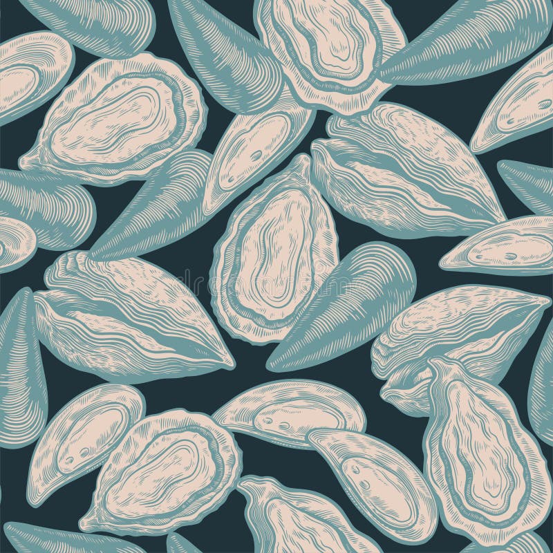 Vintage Seamless Pattern with Oyster Shells in Engraving Sketch Hand ...