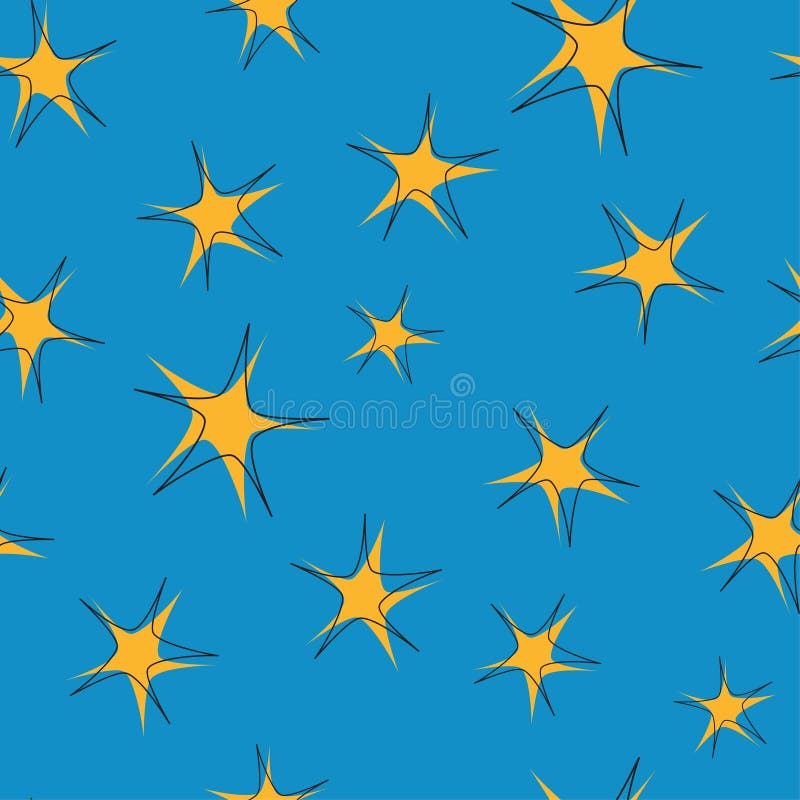 Vintage Seamless Pattern with 50s and 60s Stars with Black Outlines on ...