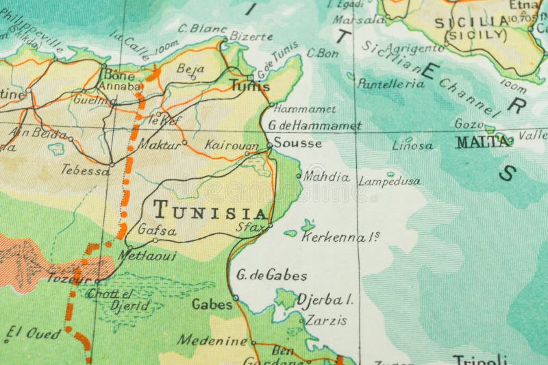 Vintage Sectional View of Tunisia on a Map, with Different Colors and ...
