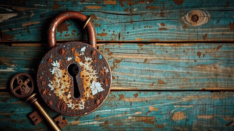 Vintage Security Aged Wooden Surface Rusty Padlock and Antique Keys a ...