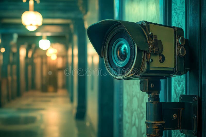 Vintage Security Camera Monitoring a Hallway Stock Illustration ...
