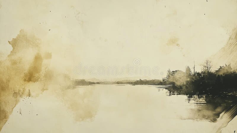 Vintage Sepia Landscape River Scene with Trees Stock Illustration - Illustration of background ...