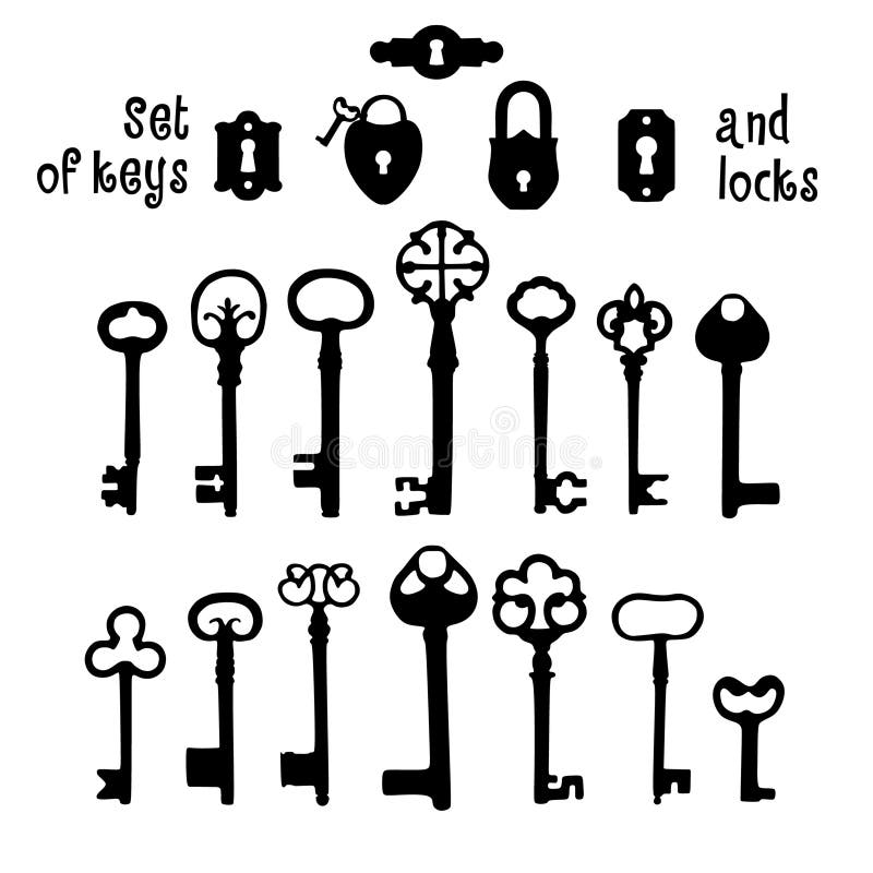 Vintage Set with Different Antique Black Keys on White Background Stock ...