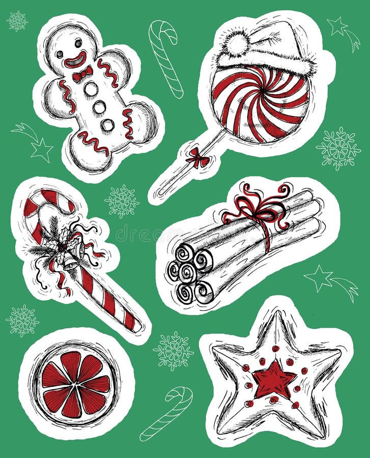 Vintage Set with Hand Drawn Christmas Objects on Green Stock Vector ...